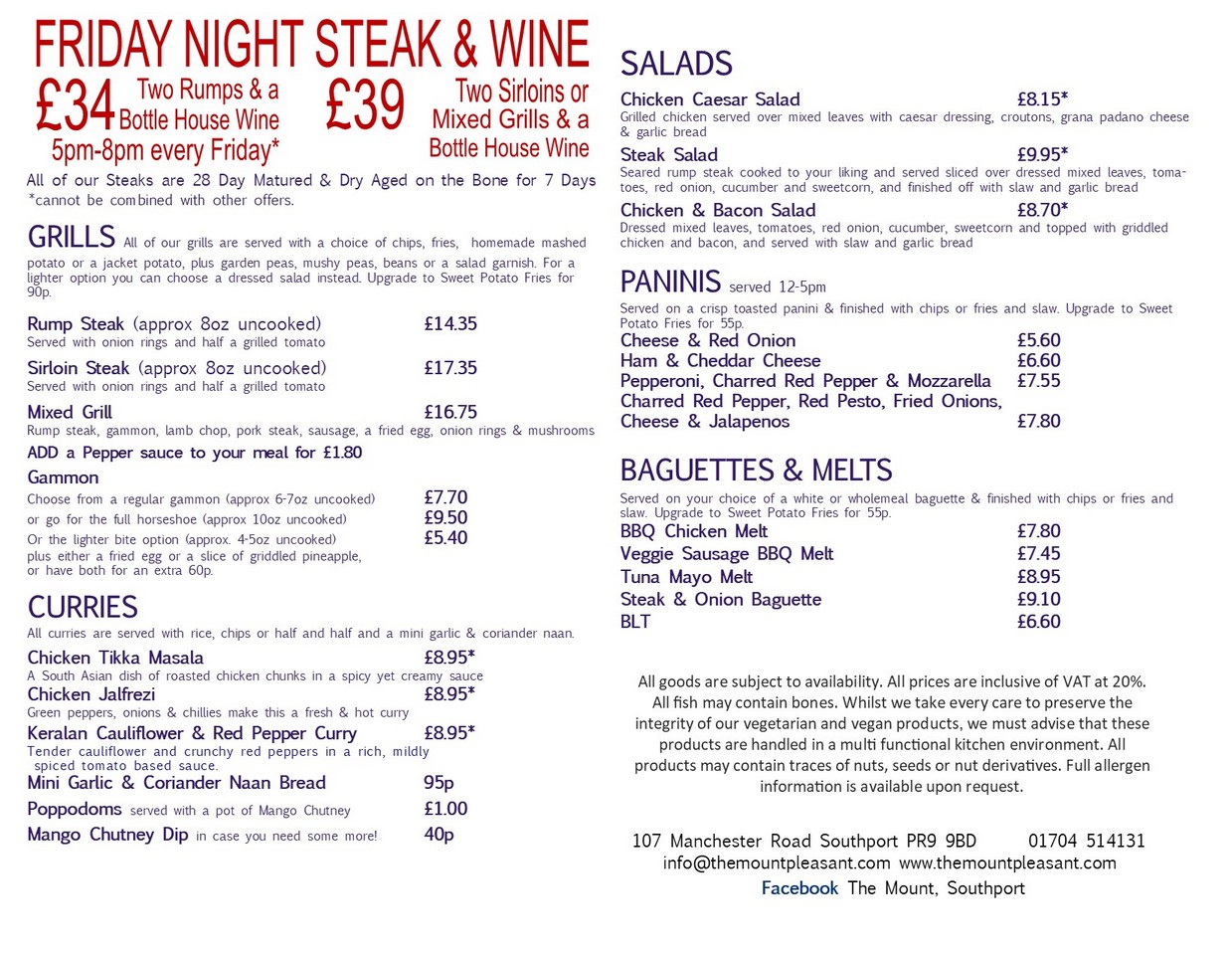 Food Menu - The Mount Pleasant