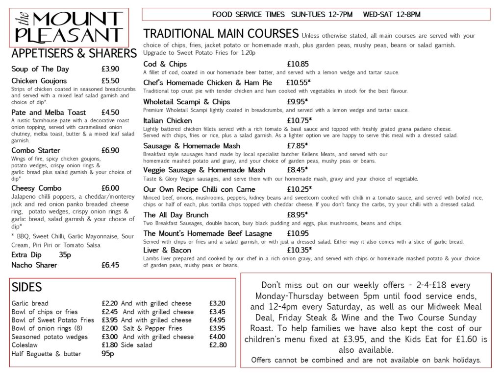 Food Menu - The Mount Pleasant