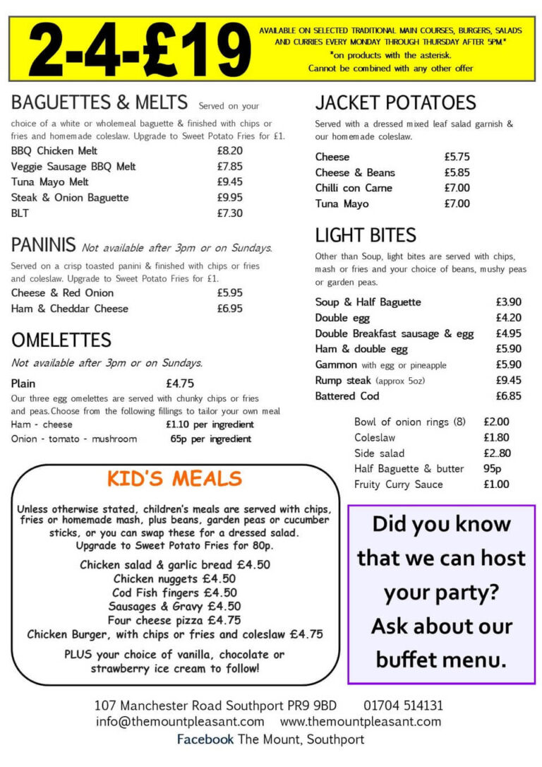 Food Menu - The Mount Pleasant